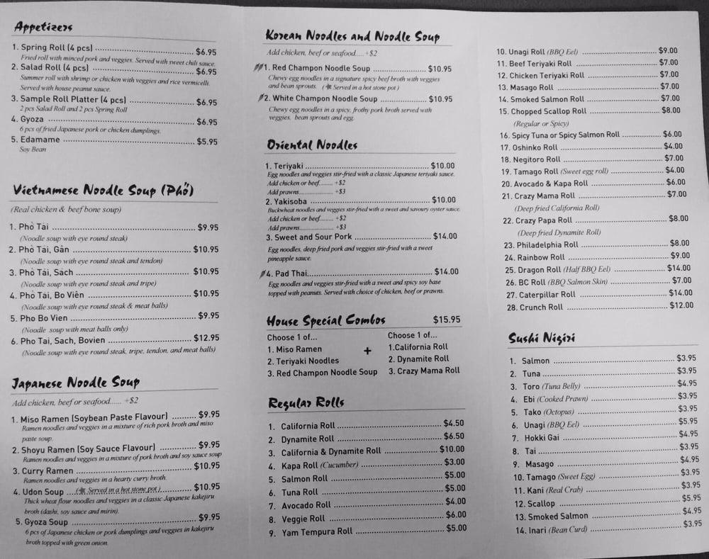 Menu at Noodle California restaurant, Williams Lake
