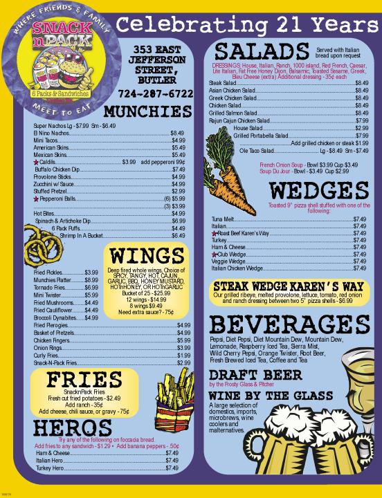 Menu at Snack-N-Pack pub & bar, Butler