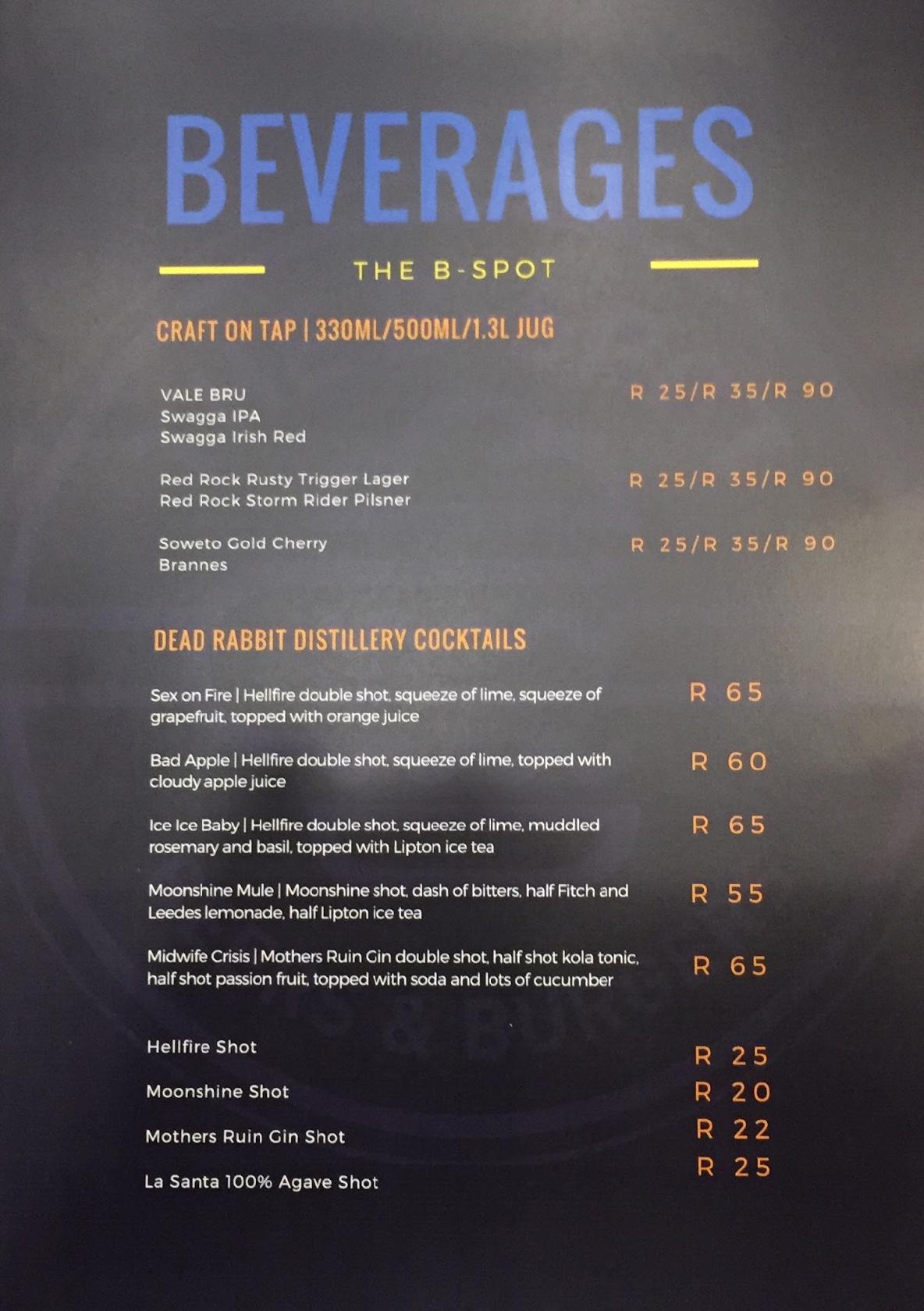 Menu at The B-Spot restaurant, Johannesburg, No. One Eloff