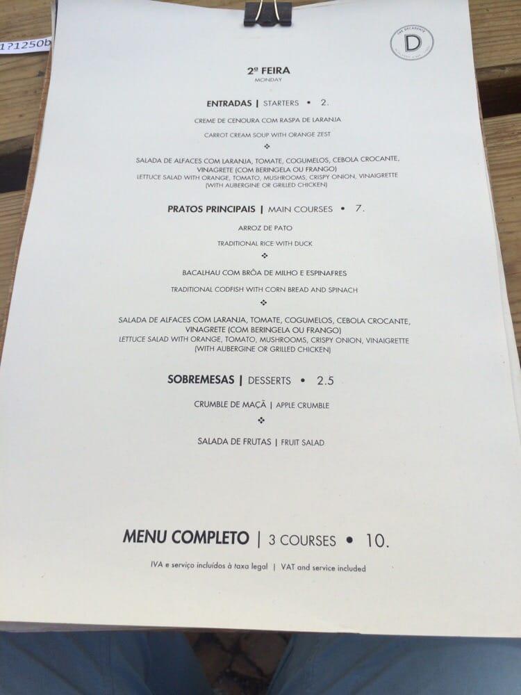 Menu at The Decadente restaurant, Lisbon