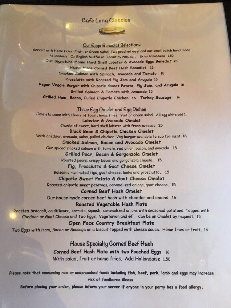 Menu at Cafe Luna, Cambridge