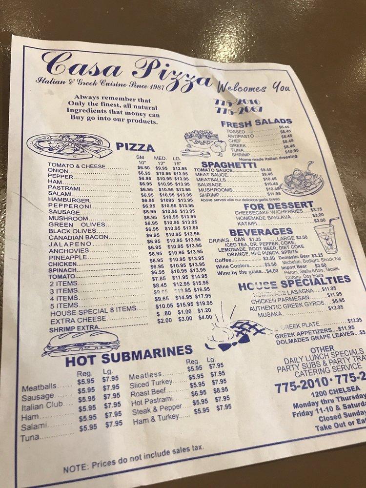 Menu at Casa Pizza Restaurant, El Paso, Chelsea St