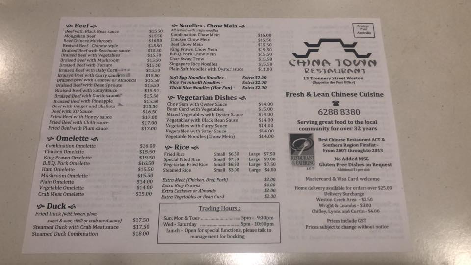 Menu at Chinatown Restaurant, Weston