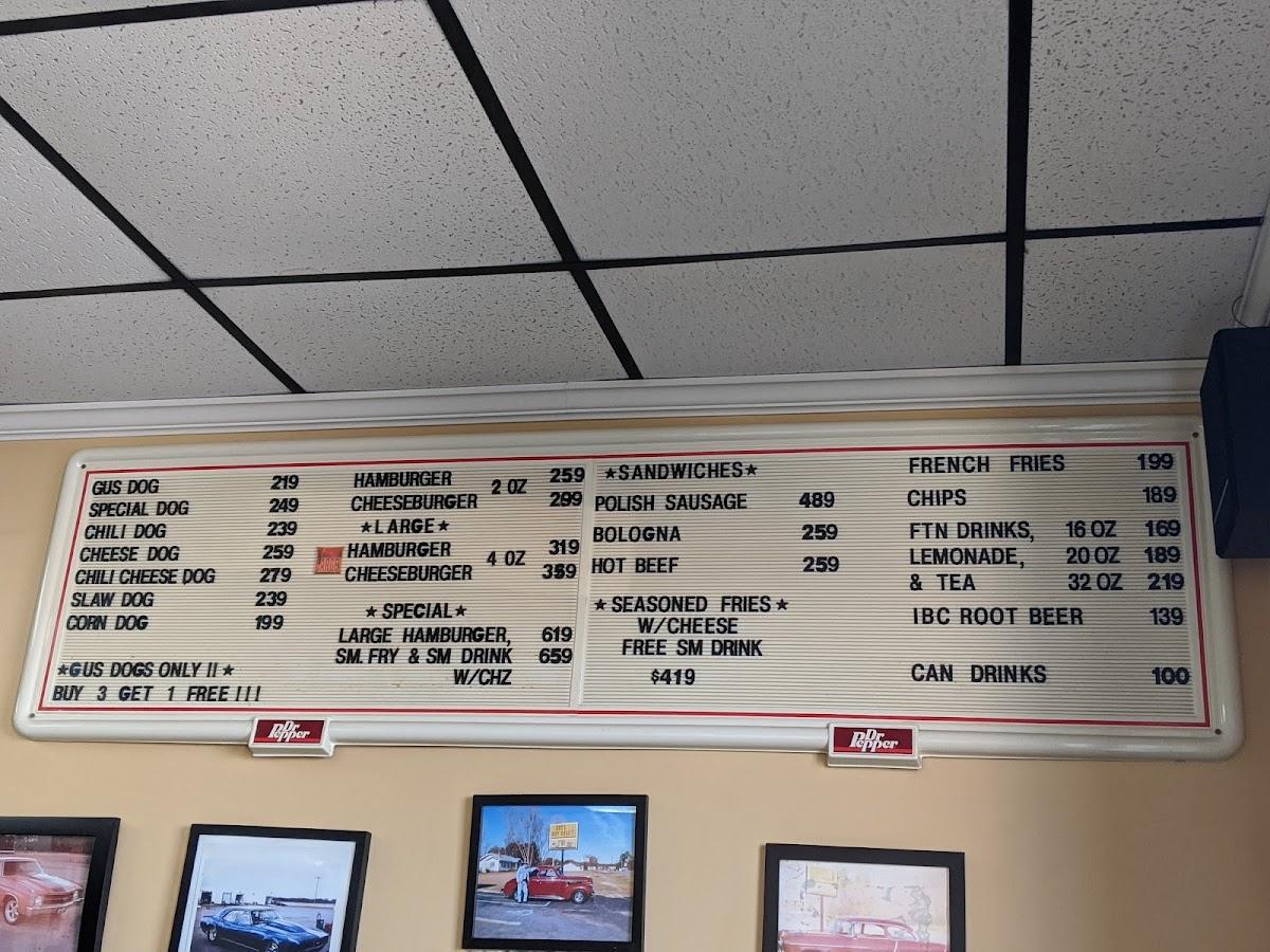 Menu at Gus's Hot Dogs restaurant, Hueytown, 224 Brooklane Dr