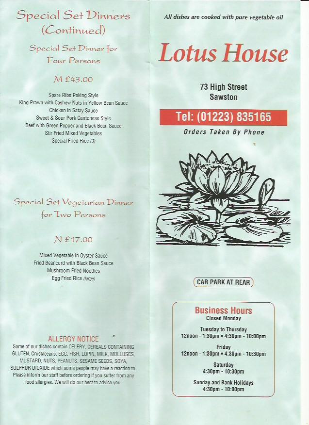 Menu at Lotus House fast food, Cambridge, 65A High St