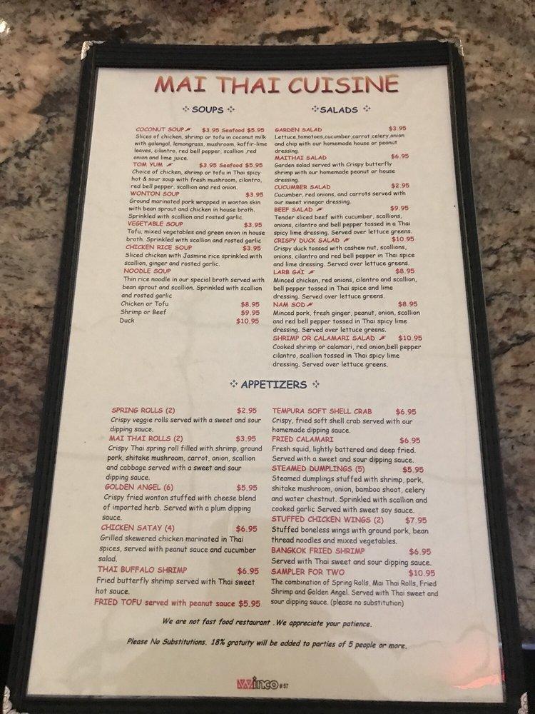 Menu at Mai Thai Cuisine restaurant, West Columbia