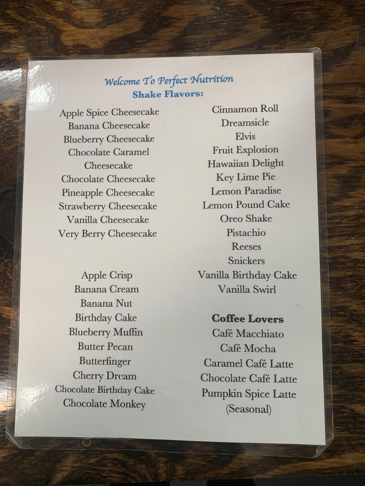 Menu at Perfect Nutrition Shake Club, Goldsboro