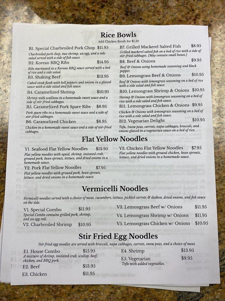 Menu at Pho LV restaurant, Boardman