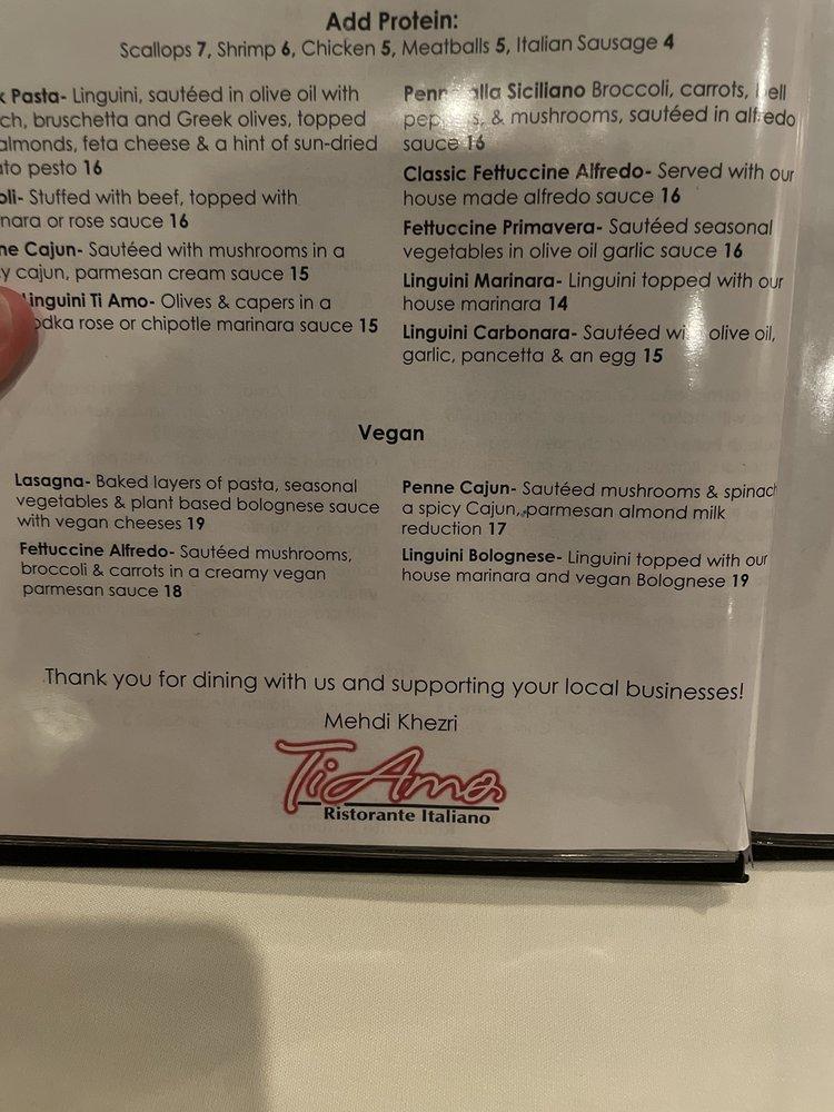 Menu at Ti Amo Ristorante Italiano restaurant, Tulsa, S Sheridan Rd A
