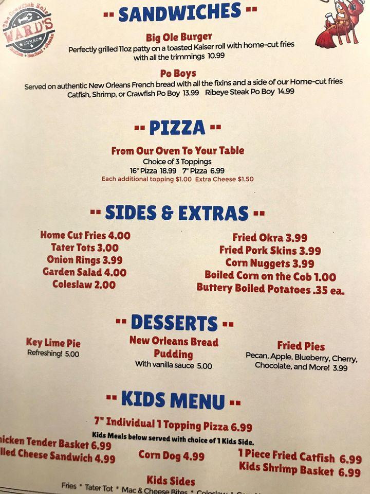 Menu at Wards Crawfish Hole pizzeria, Hot Springs