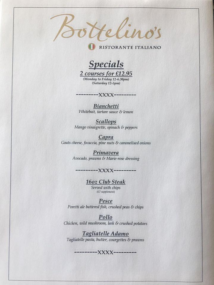 Menu at Bottelino's restaurant, Portishead, Harbour Rd