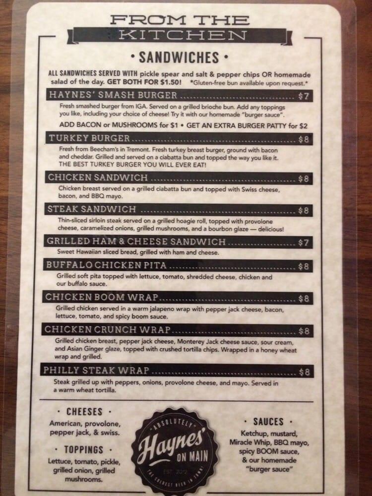 Menu at Haynes On Main pub & bar, Mackinaw