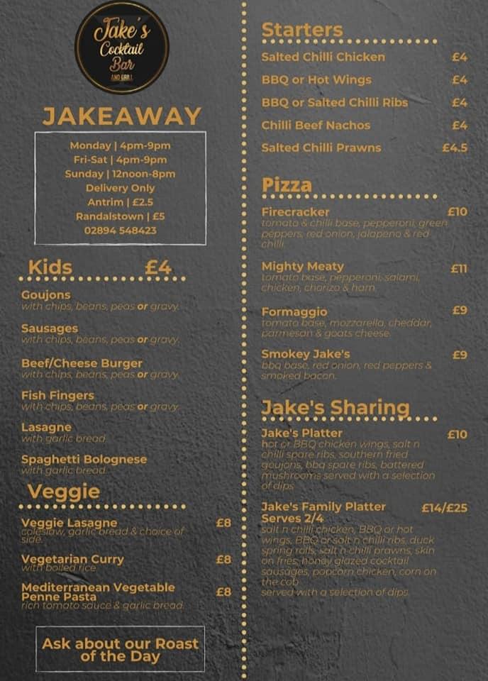 Menu at Jakes Cocktail Bar And Grill, Antrim