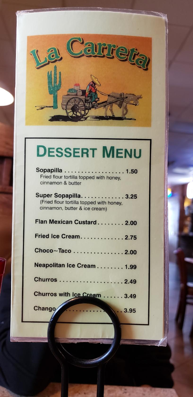 Menu at La Carreta restaurant, Johnson City, Bobby Hicks Hwy