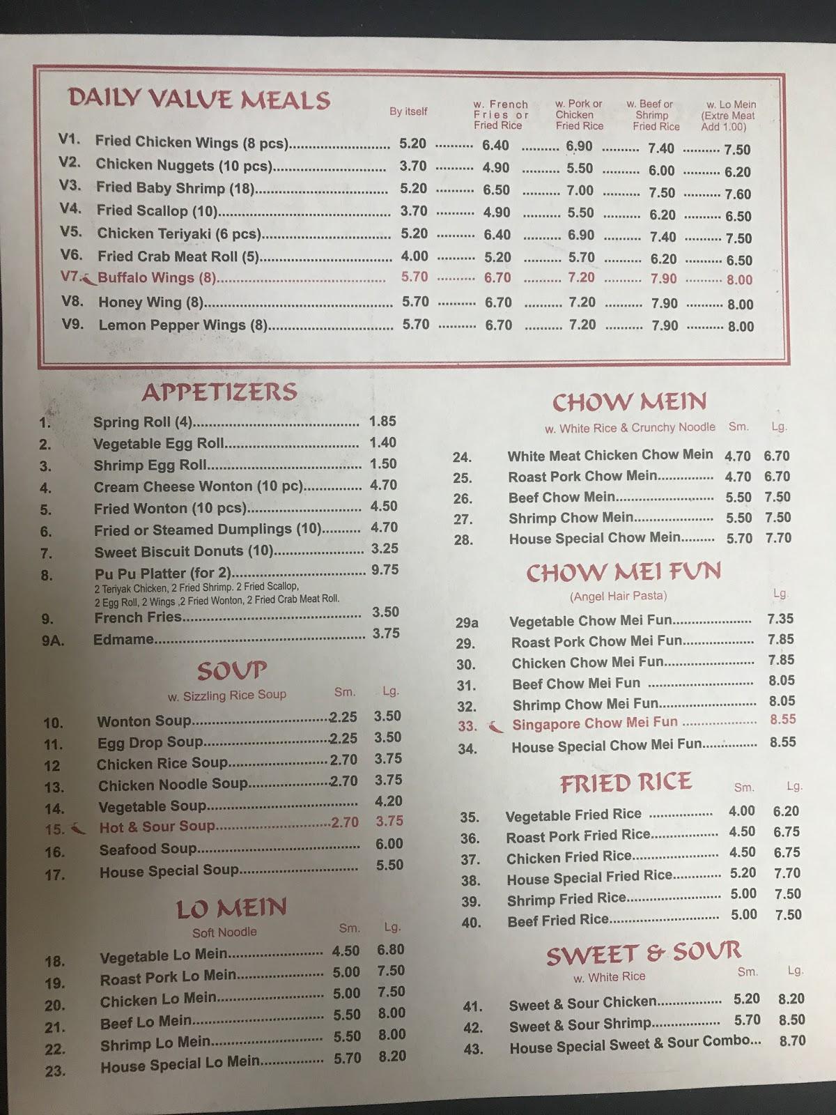 Menu at Peking restaurant, Hawkinsville