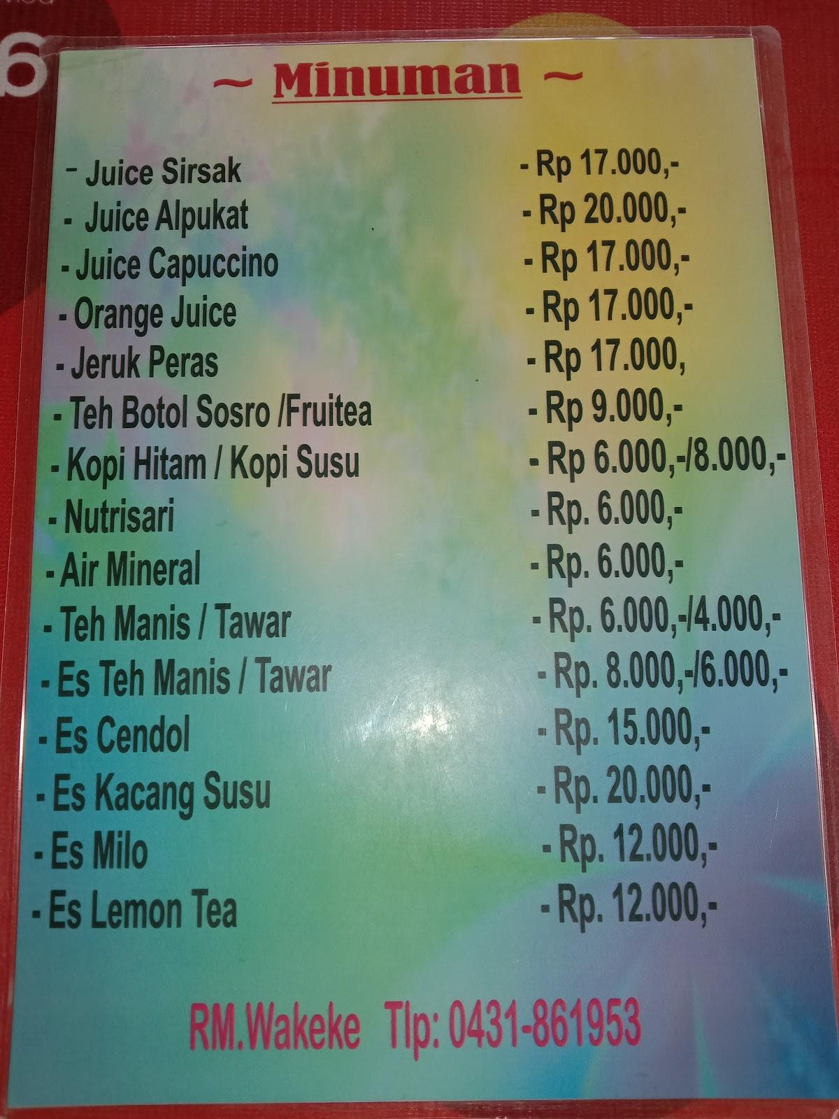 Menu at RM. Wakeke Tinutuan restaurant, Manado