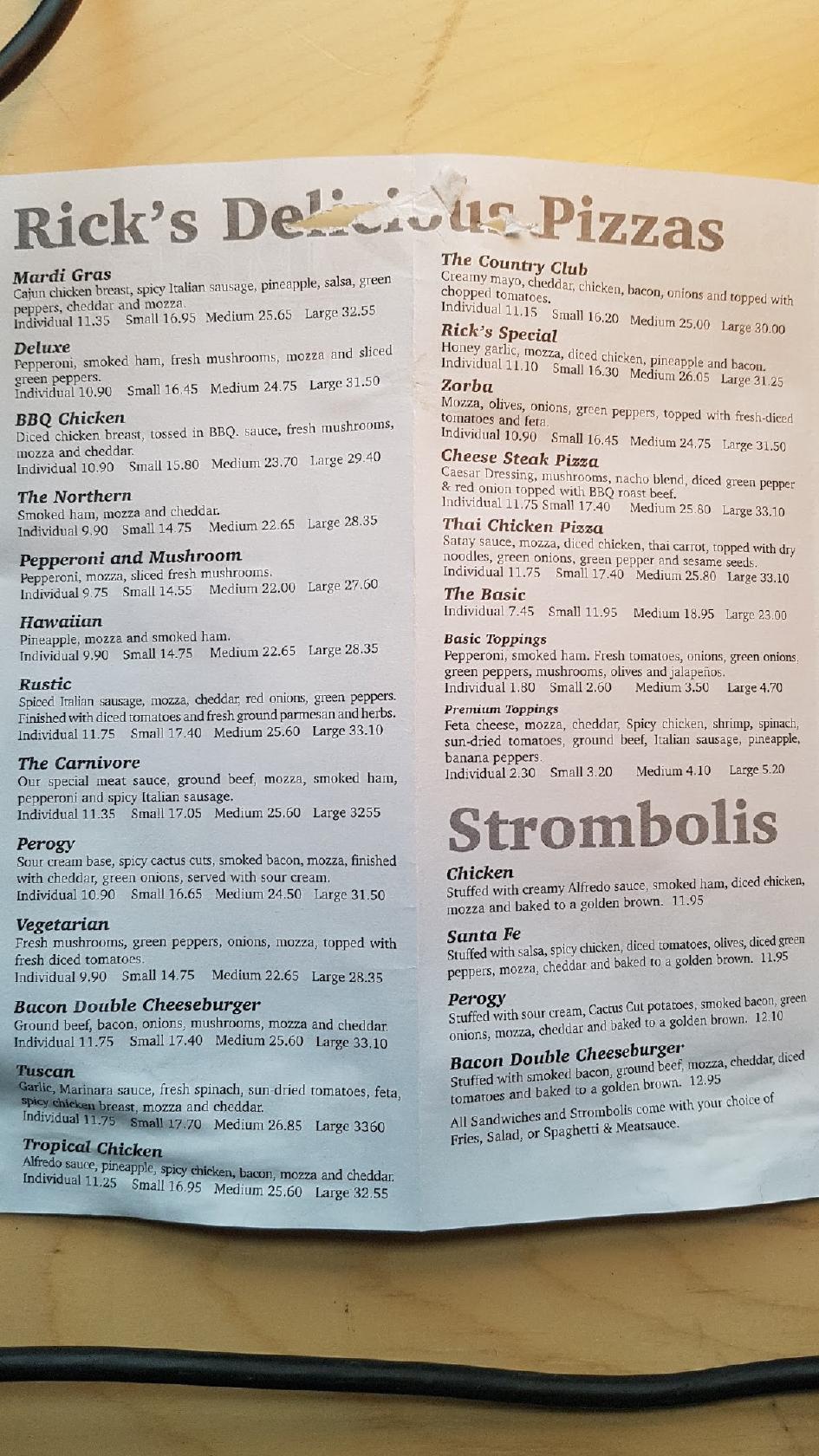 Menu at Rick's Restaurant & Bar, Shilo