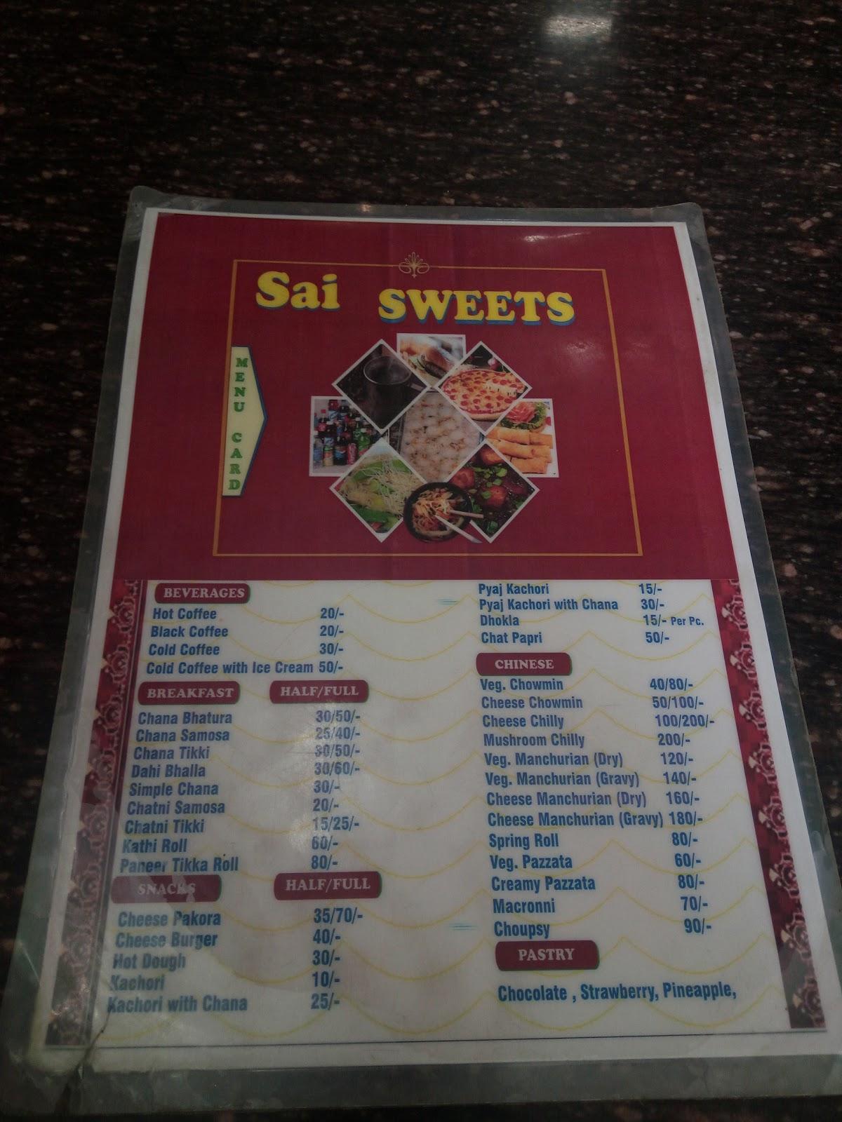 Menu at Sai sweets, Hamirpur, Lower market