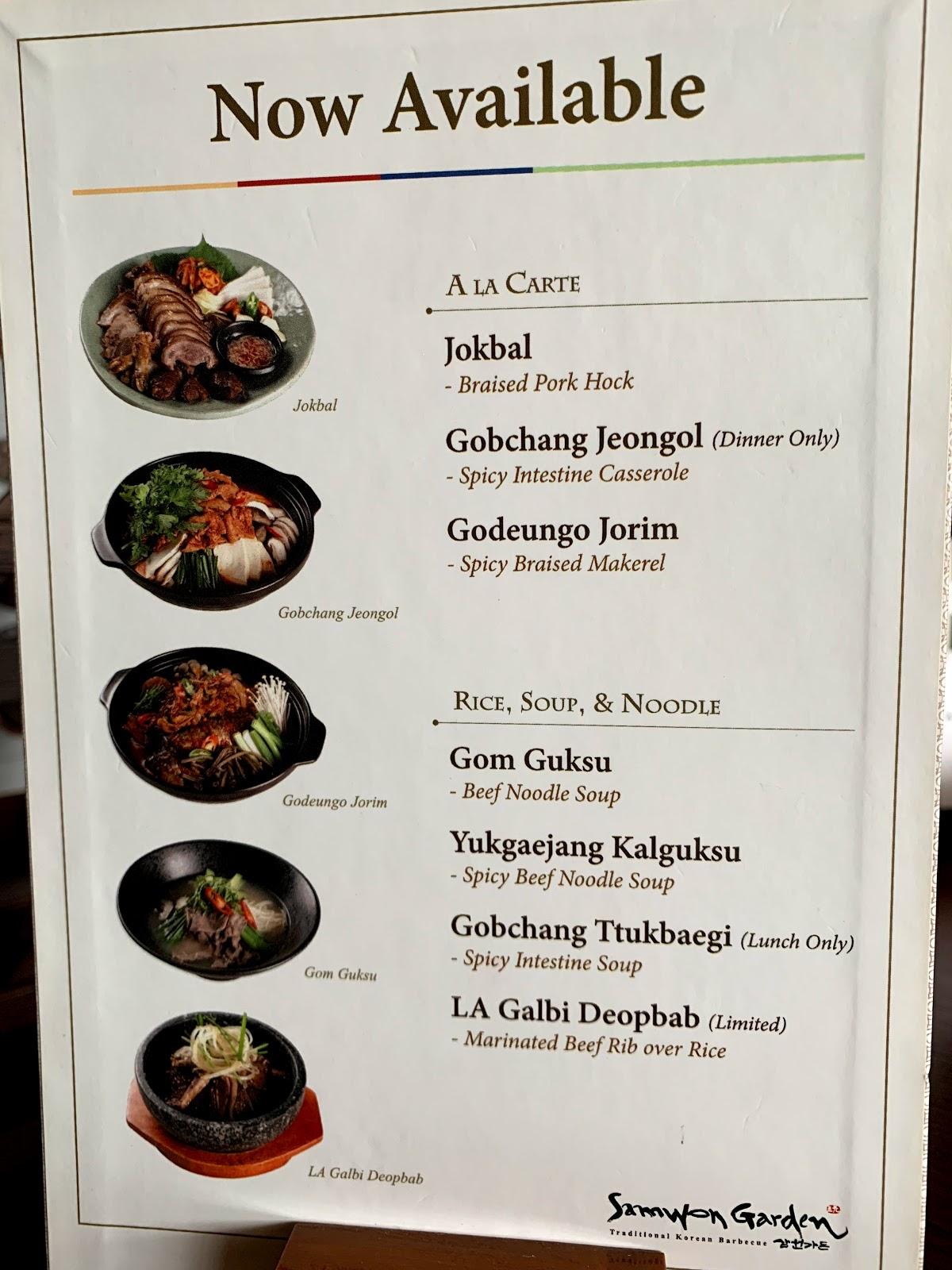 Menu at Samwon Garden restaurant, South Jakarta, Jl. Prof. DR. Satrio No.18
