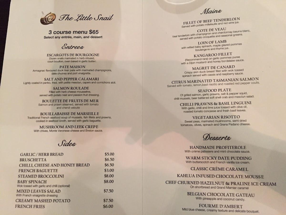 Menu at The Little Snail Restaurant, Pyrmont, 3/50 Murray St