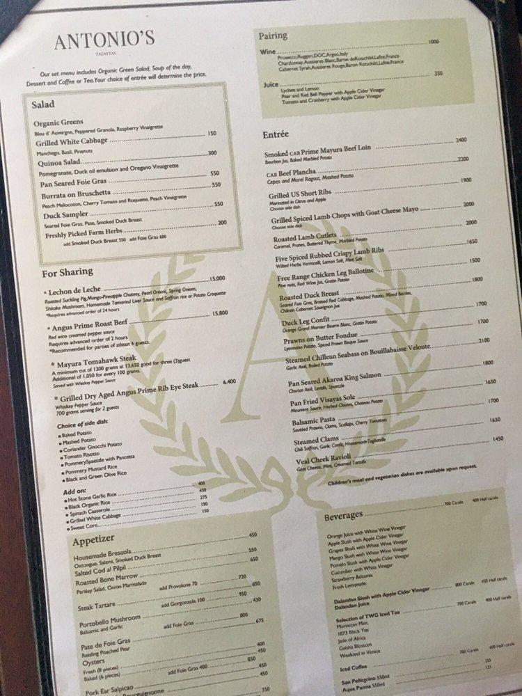 Menu at Antonio's Restaurant, Tagaytay