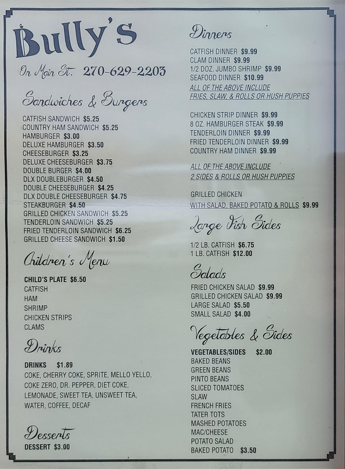 Menu at Bully's On Main St. restaurant, Glasgow