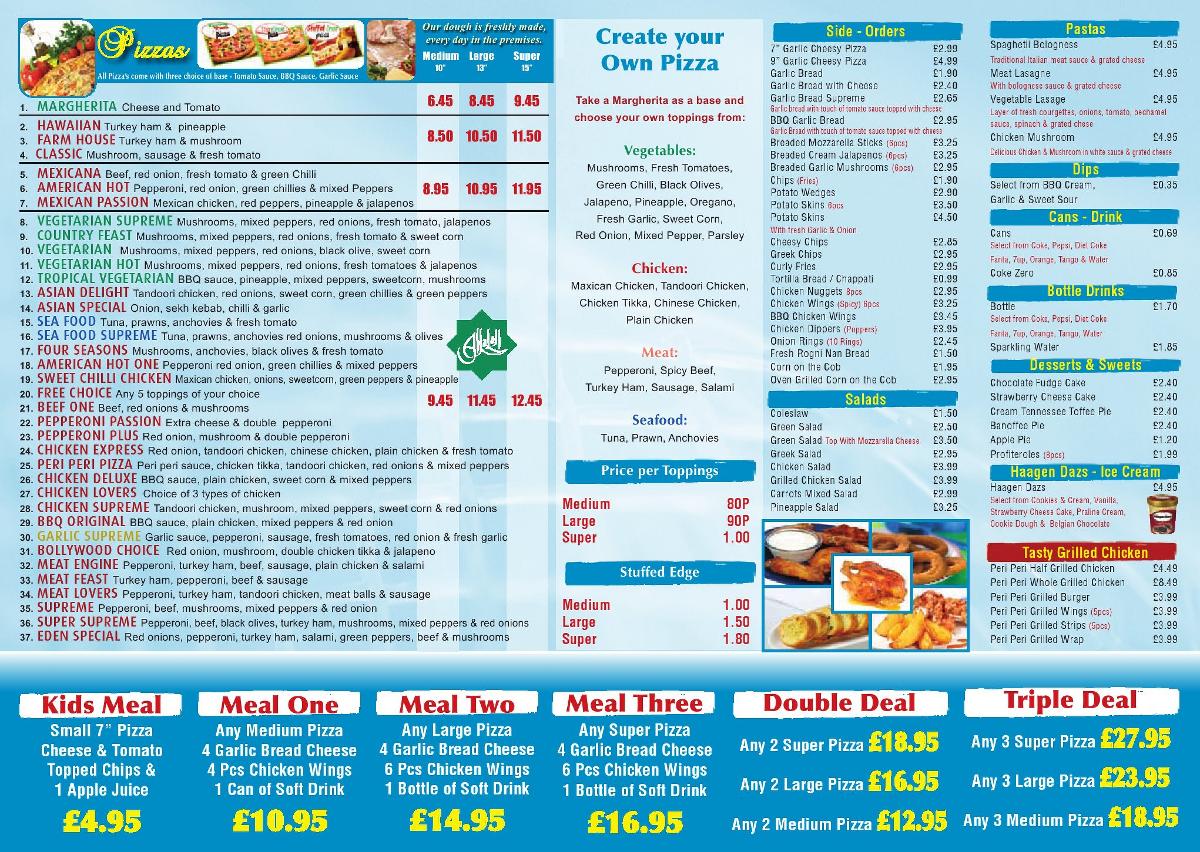 Menu at Eden Pizza restaurant, London
