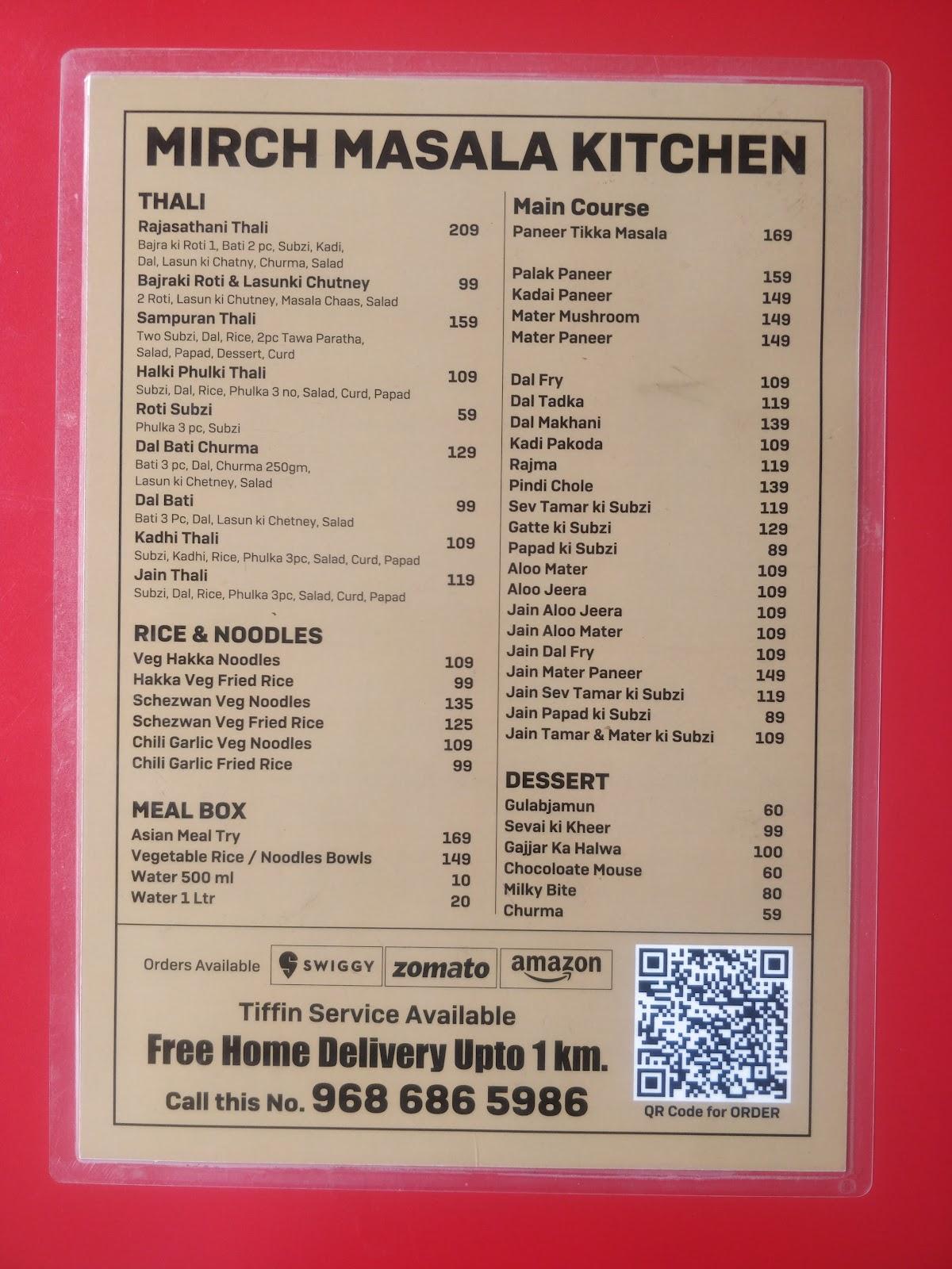 Menu at Mirch Masala Kitchen, Bengaluru