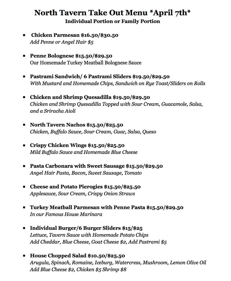 Menu at North Tavern restaurant, Wading River