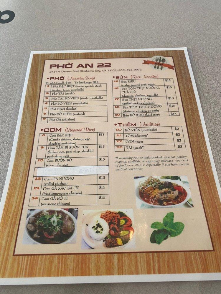 Menu at Phở An 22 restaurant, Oklahoma City