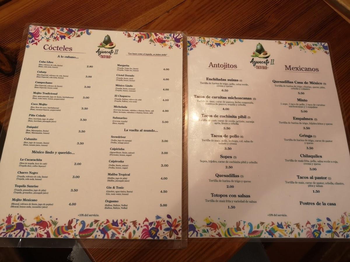 Menu at Taco Bar, Havana