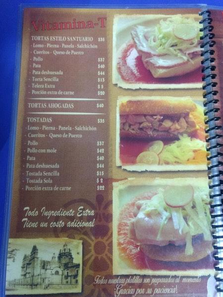 Menu at Tortas Felipe restaurant, Guadalajara