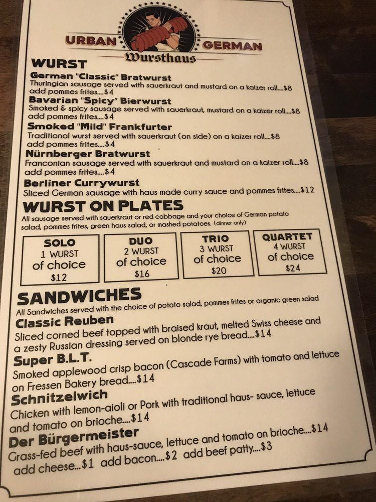 Menu at Urban German Wursthaus restaurant, Portland