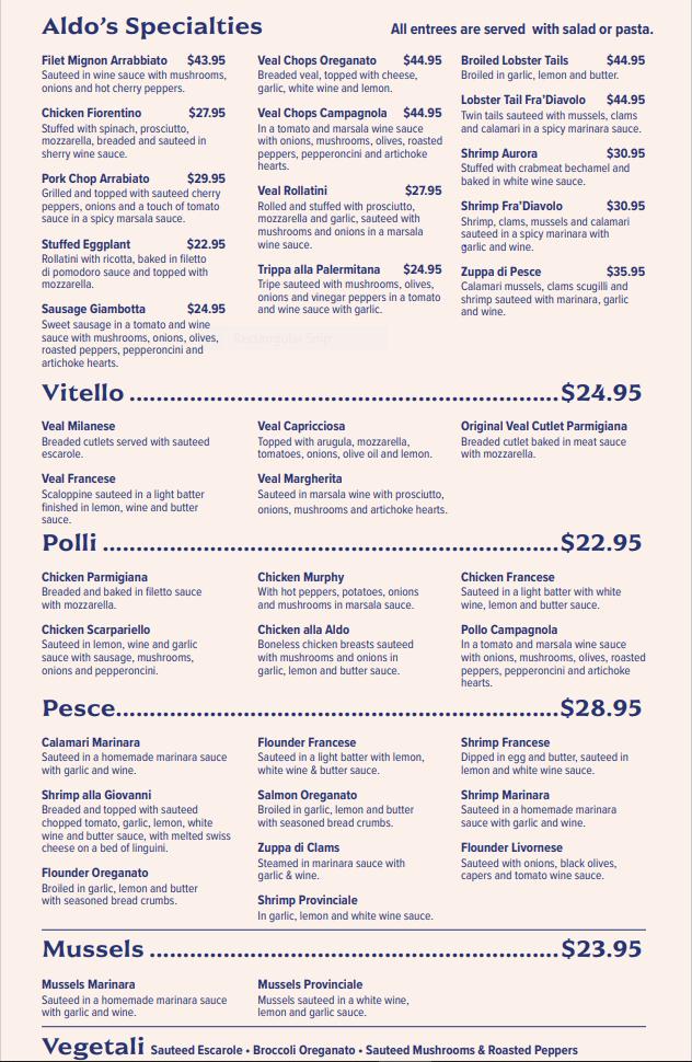 Menu at Aldo's Italian Restaurant & Pane E Vino / Wyckoff, Wyckoff