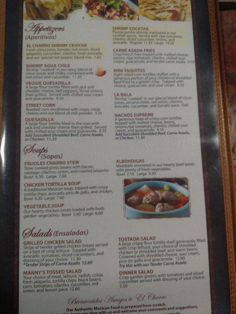 Menu at El Charro Authentic Mexican restaurant, Cherry Valley