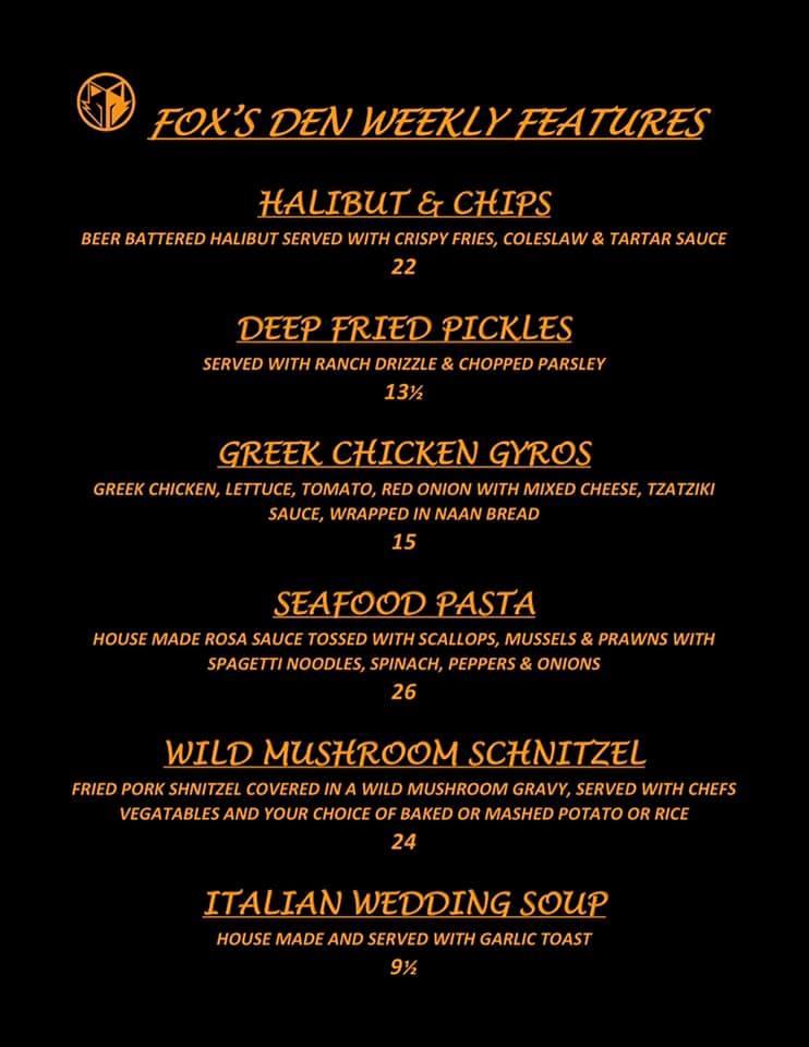 Menu at Fox's Den Bar & Grill, Williams Lake