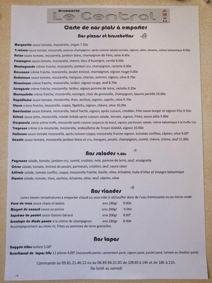 Menu at Le Central restaurant, Autun
