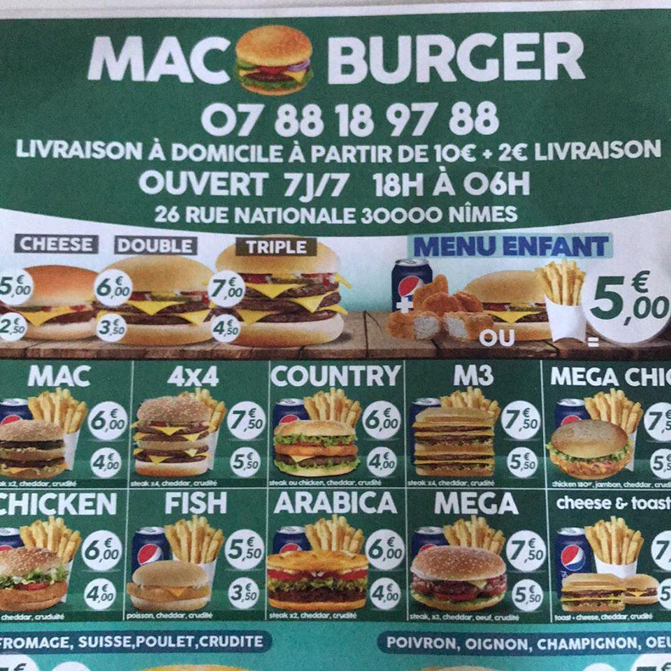 Menu at Mac Burger restaurant, Nimes