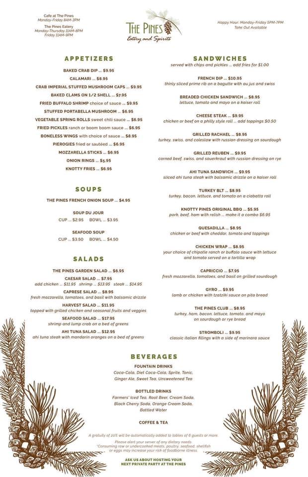 Menu at The Pines Eatery & Spirits cafe, Hazleton