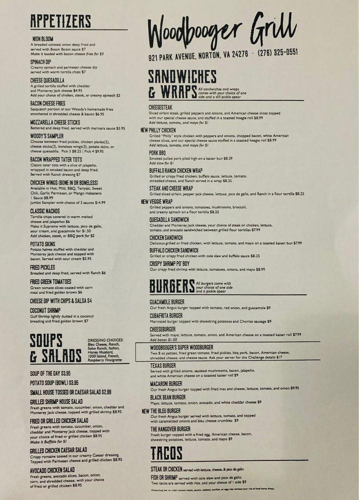 Menu at The Wood Booger Grill restaurant, Norton