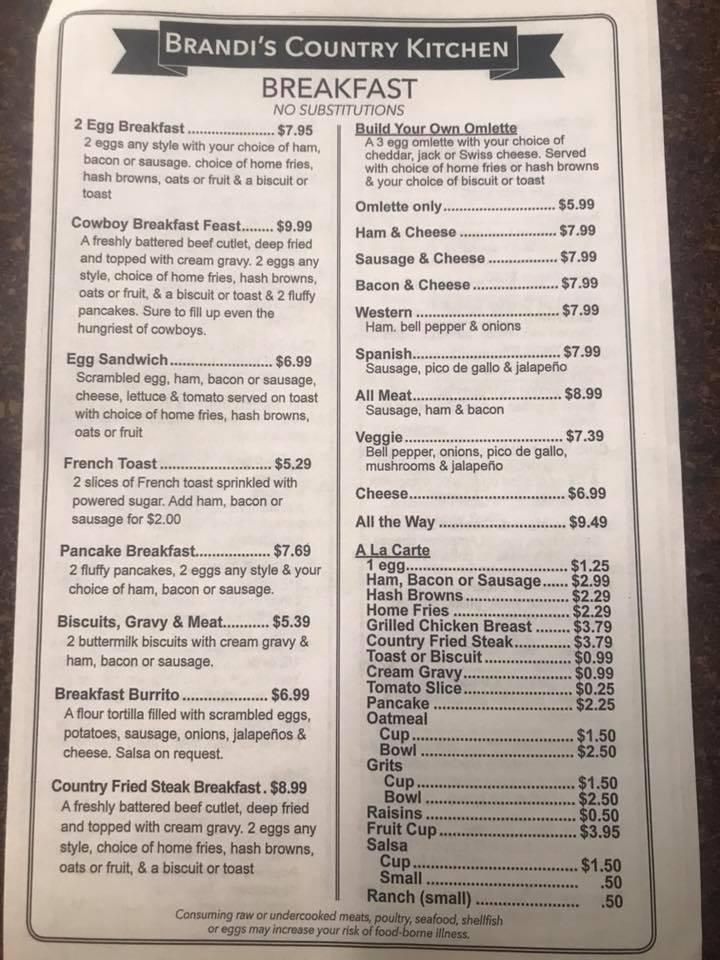 Menu at Brandi's Country Kitchen restaurant, Decatur, 112 W Walnut St