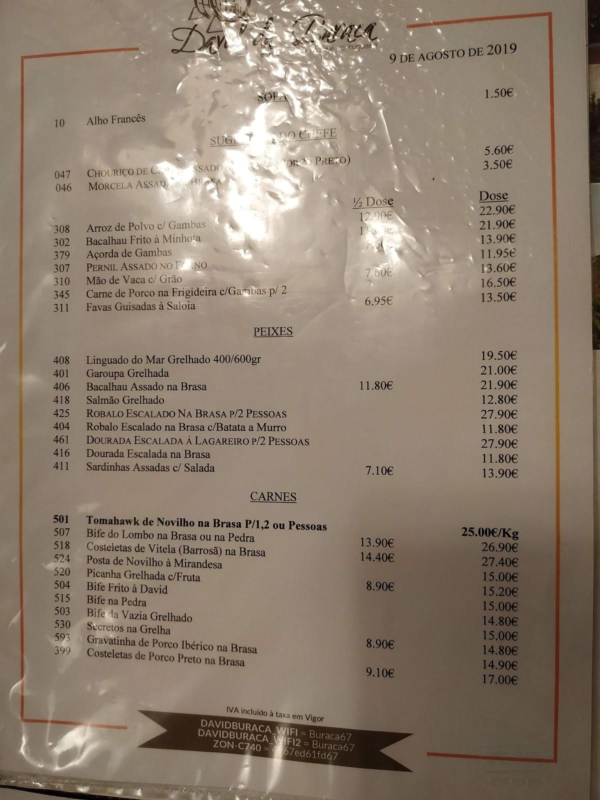Menu em David da Buraca restaurante, Lisboa