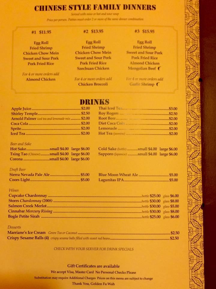 Menu at Golden Fu Wah Restaurant, Soquel