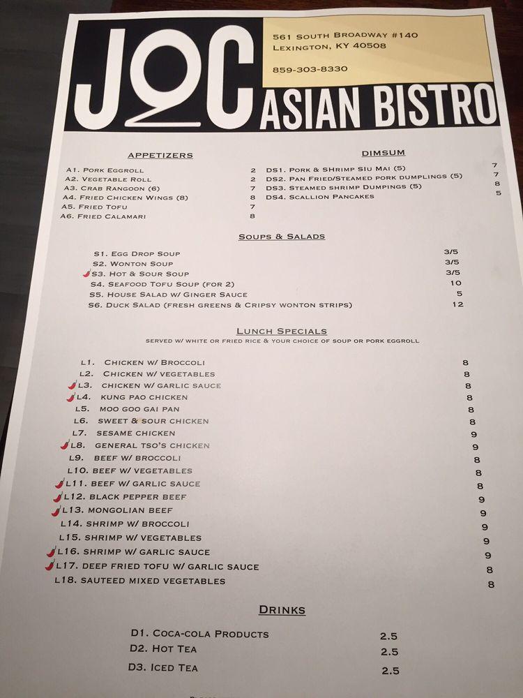 Menu at J2C Asian Bistro restaurant, Lexington