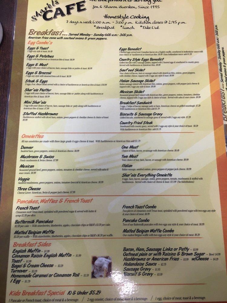 Menu at Shar'els Cafe, North Saint Paul
