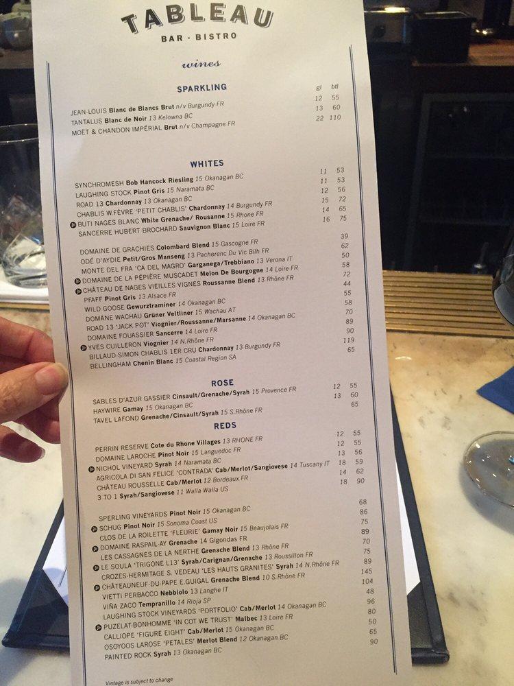 Menu at Tableau Bar Bistro, Vancouver