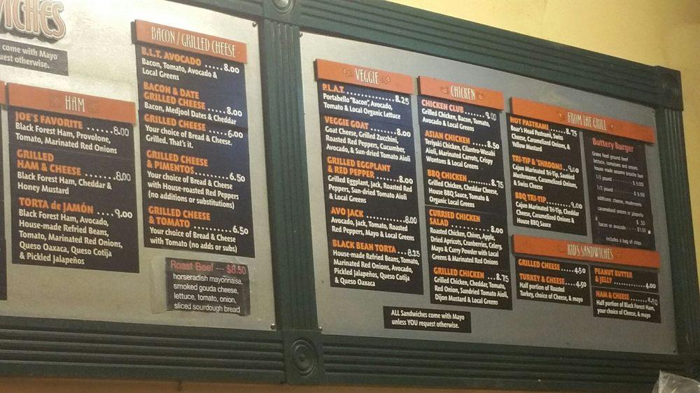 Menu at The Buttery cafe, Santa Cruz