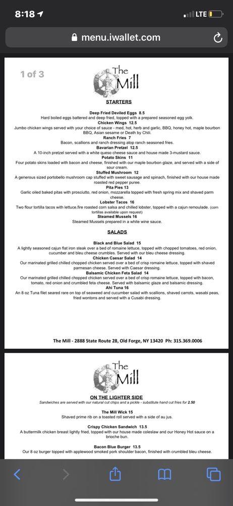 Menu at The Mill restaurant, Old Forge
