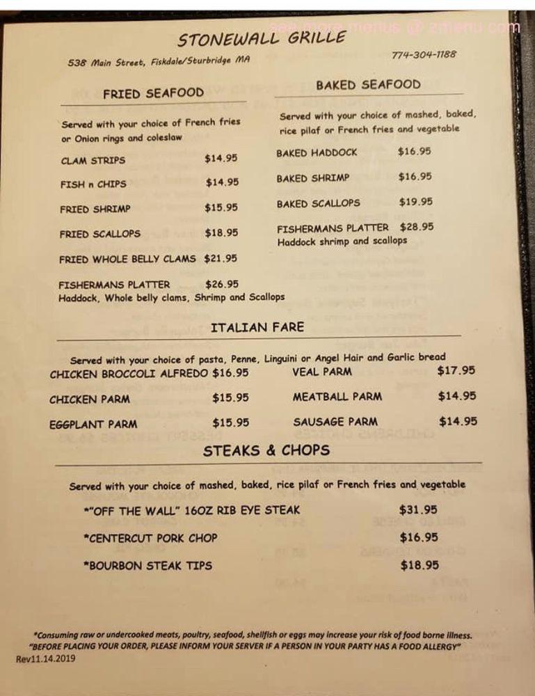 Carta de parrilla Stonewall Tavern &Grille, Sturbridge