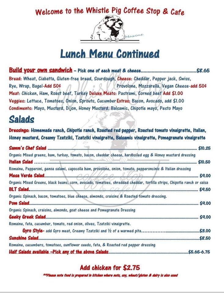 Menu at Whistle Pig Coffee Stop & Cafe, Rifle
